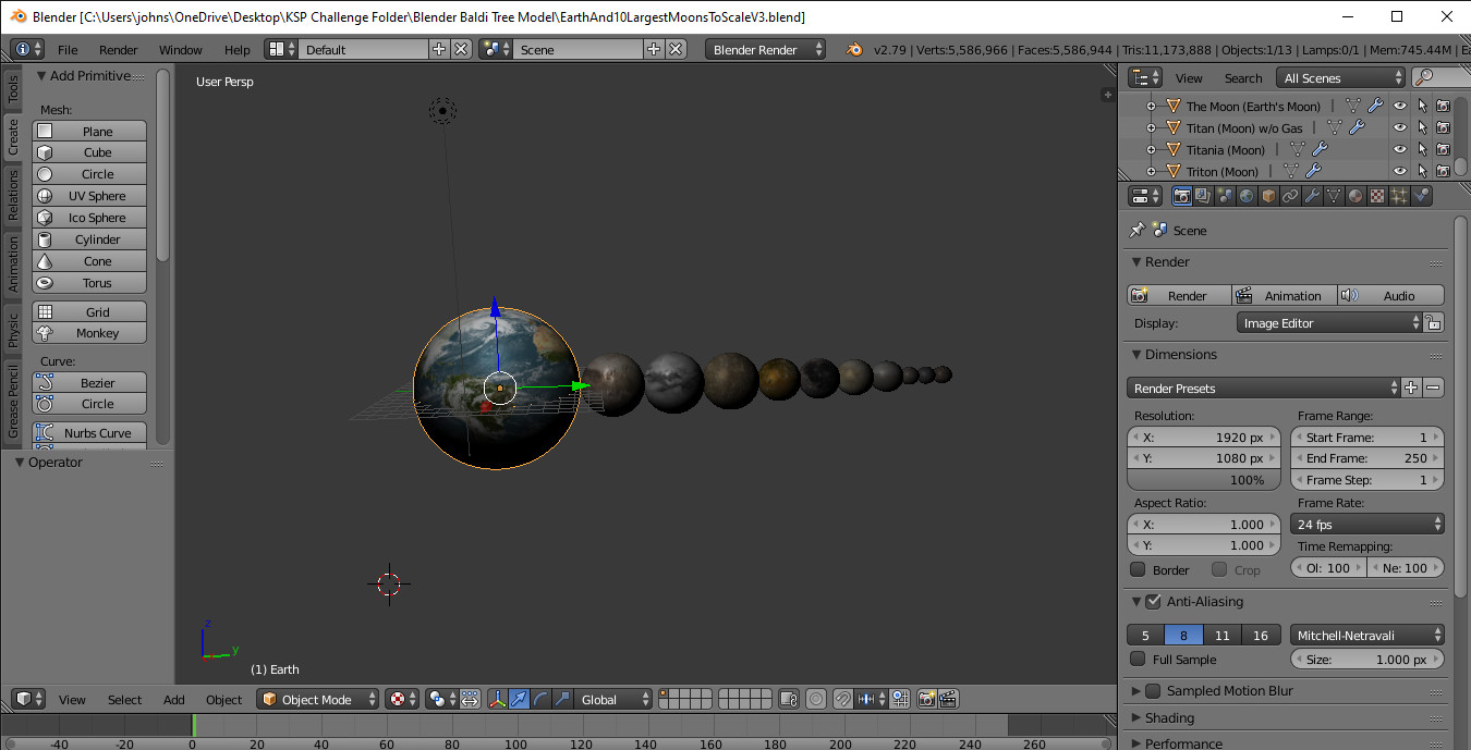 Earth w/10 Largest Moons Blender Model (V3) [3D Models]