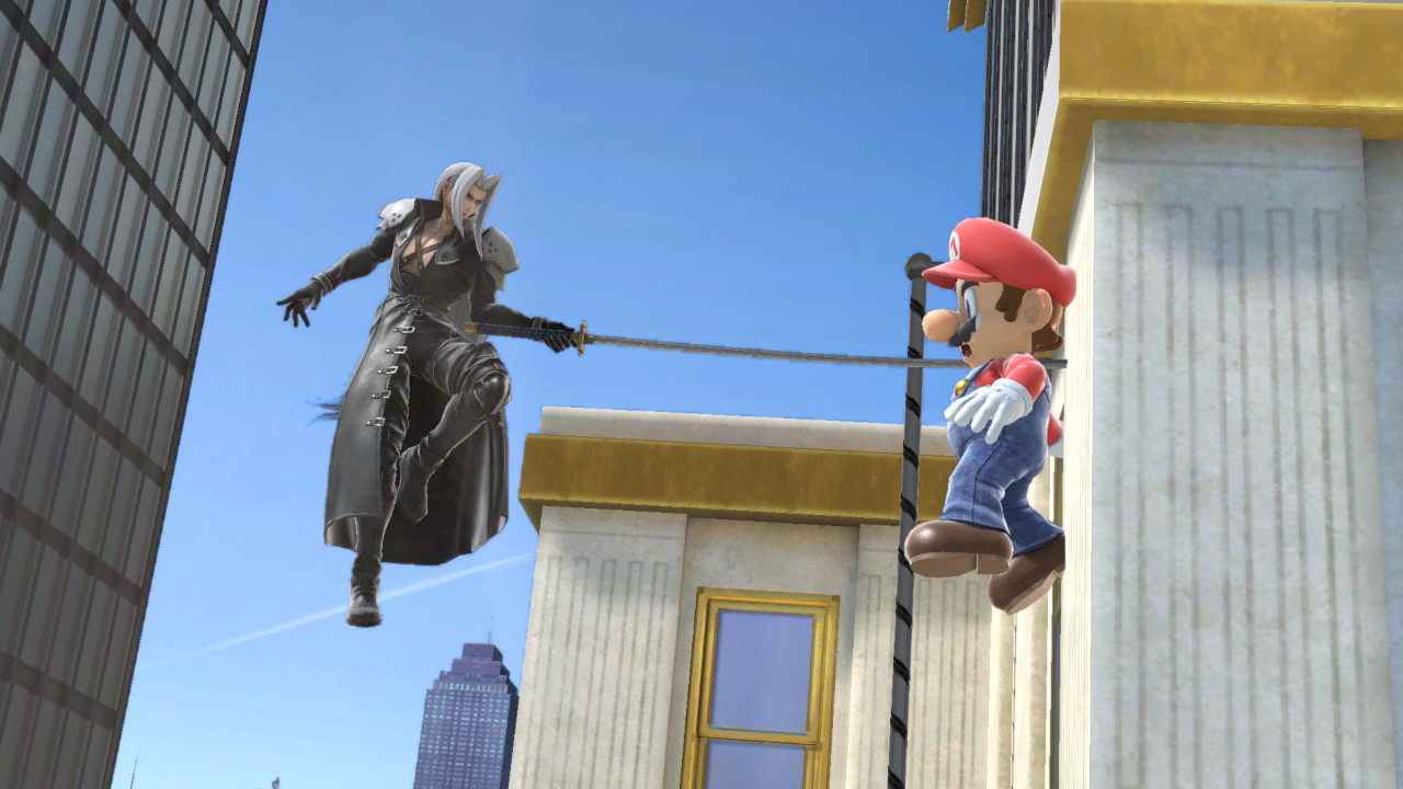 Mario stuck on Sephiroth's sword [Super Smash Bros. Ultimate] [Mods]