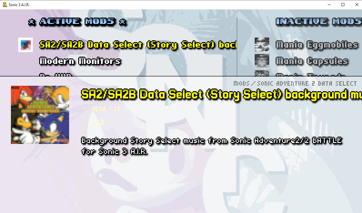 Sonic Adventure 2 "Data Select" Mod for Sonic 3 A.I.R. | S3AIR Mods