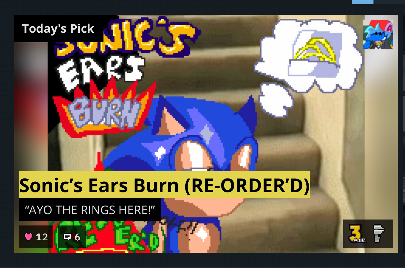 Sonic’s Ears Burn (RE-ORDER’D) Mod for Sonic 3 A.I.R. | S3AIR Mods