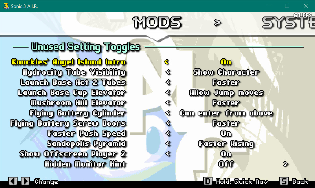 Unused Setting Toggles Mod for Sonic 3 A.I.R. | S3AIR Mods