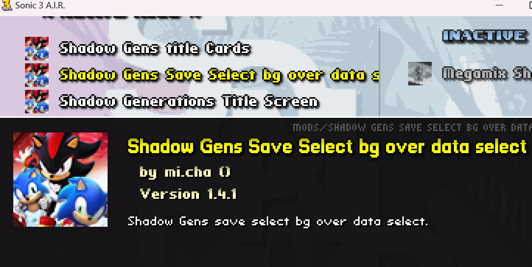 SHADOW GENERATIONS Data Select BG Mod for Sonic 3 A.I.R. | S3AIR Mods