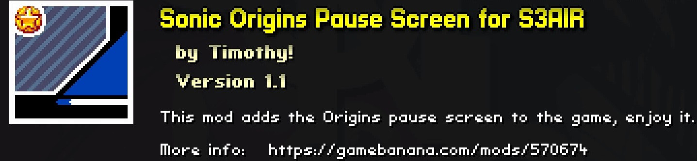 Sonic Origins "Pause Screen" for S3AIR Mod for Sonic 3 A.I.R. | S3AIR Mods