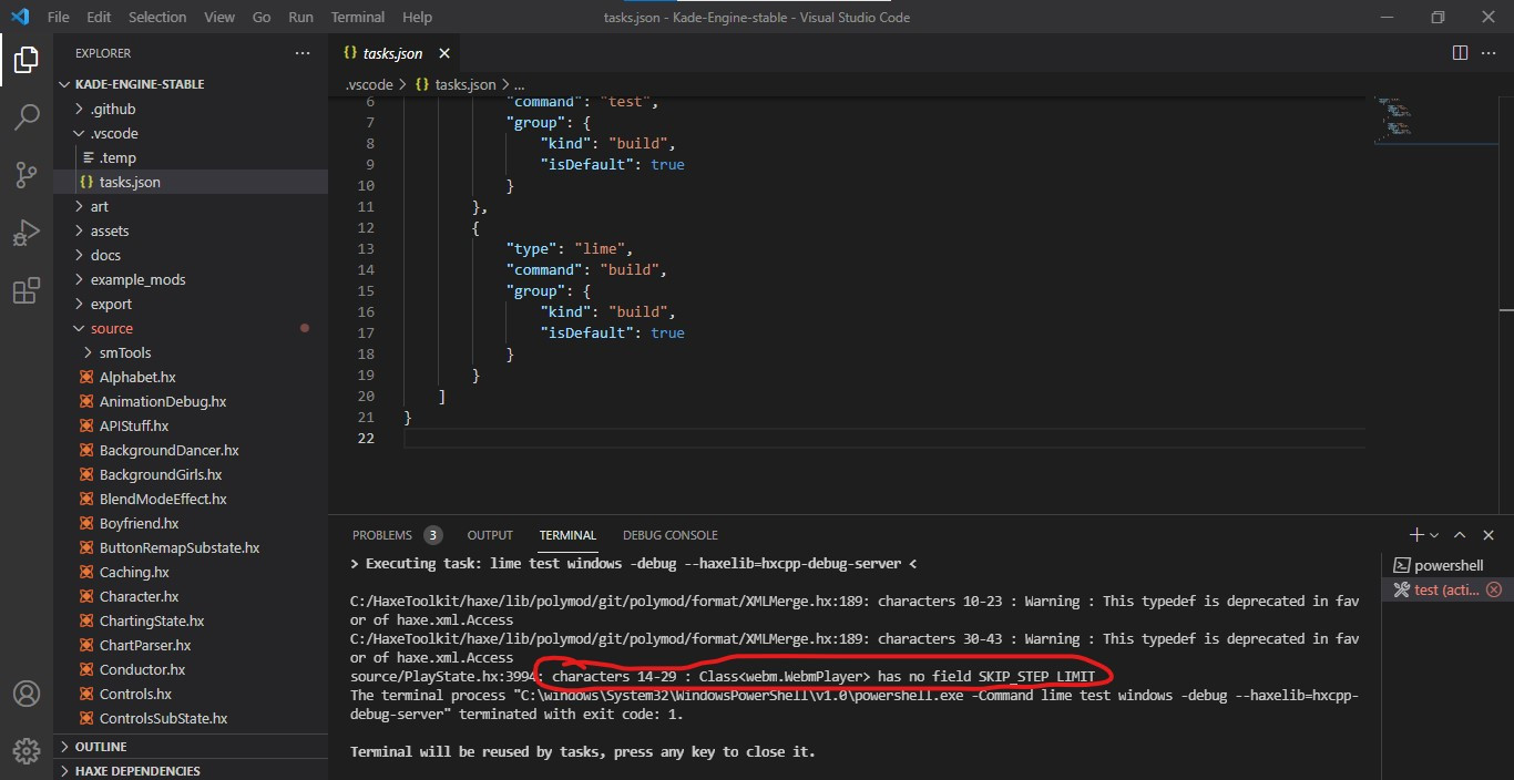 Kade engine doesn't compile [Friday Night Funkin'] [Questions]