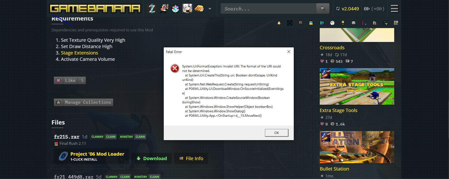 Mod loader fatal error? Question for Sonic the Hedgehog: Project '06 | Sonic P-06 Questions