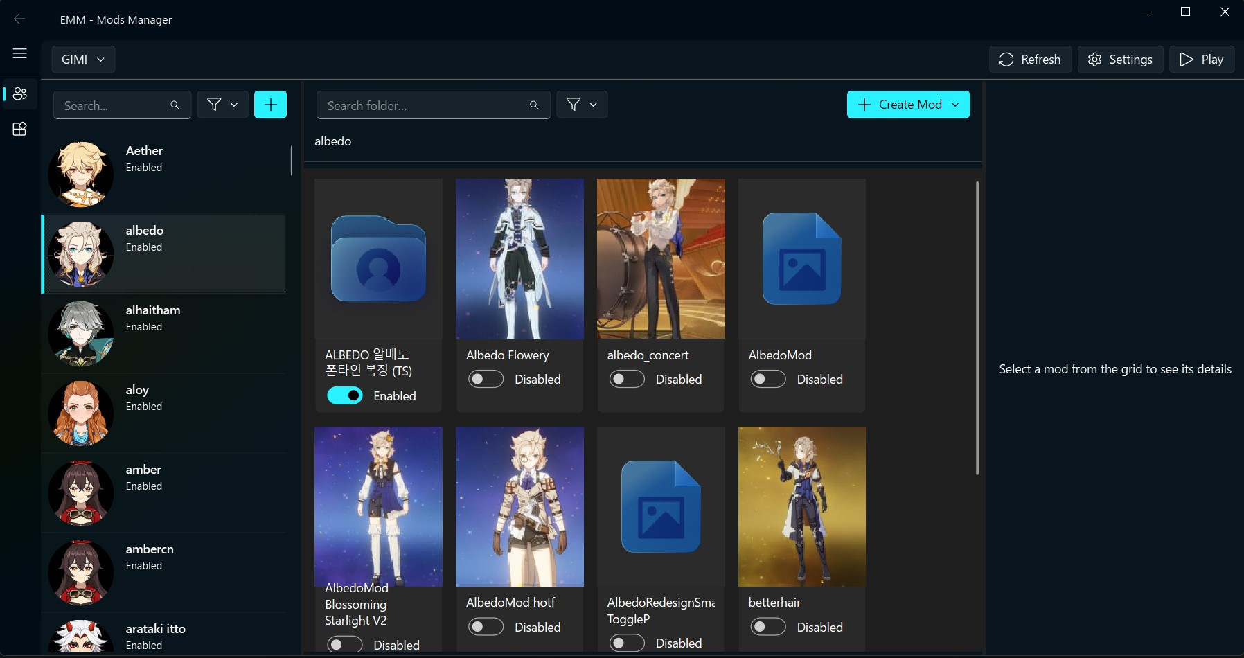 Enabled Model Mods Manager Modding Tool for Genshin Impact | GI Modding Tools